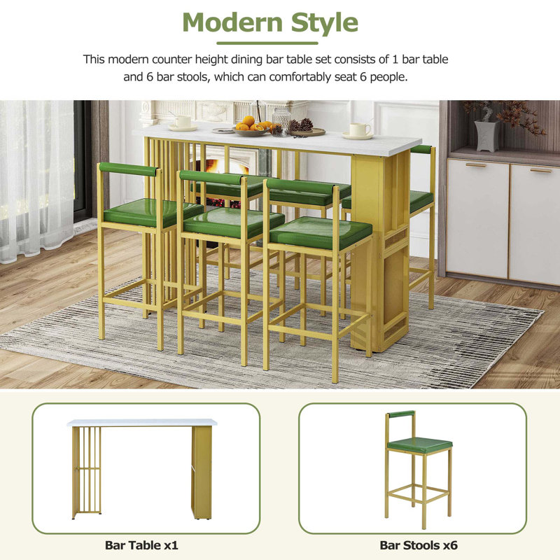 7 Piece Multi Functional Modern Counter Height Dining Bar Table Set With Open Shelves And 6 Upholstered Stools For Dining Room Bar And Cafe